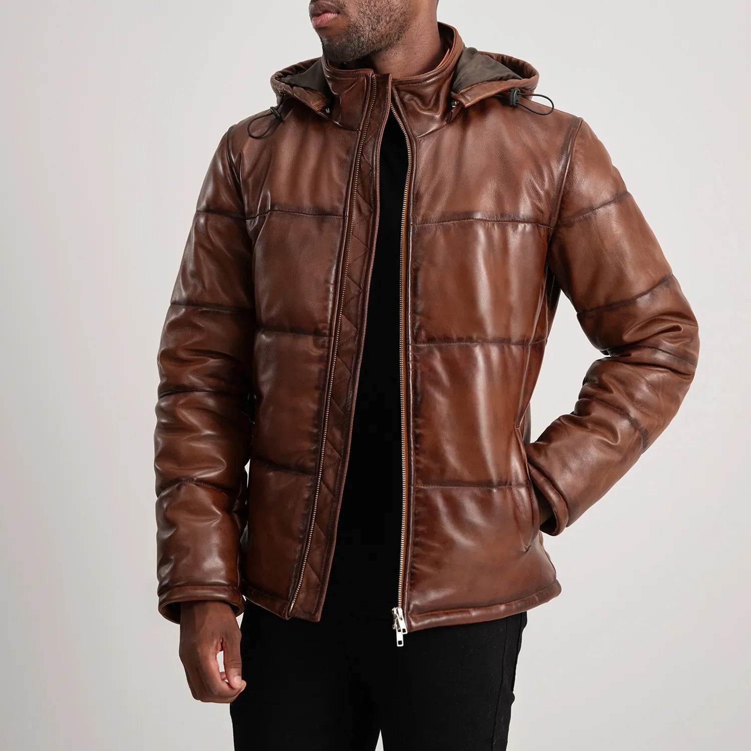 Buy Waxed Brown Hooded Leather Puffer Jacket for Men's in UK & Pakistan ...