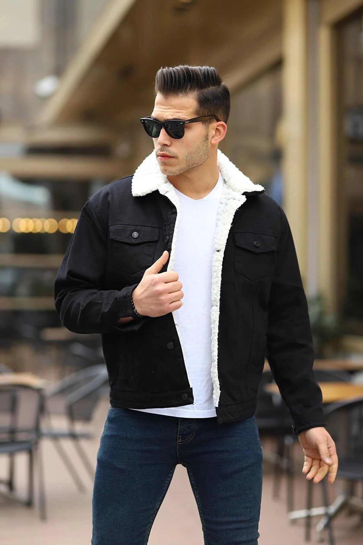 Denim jacket with fur black store